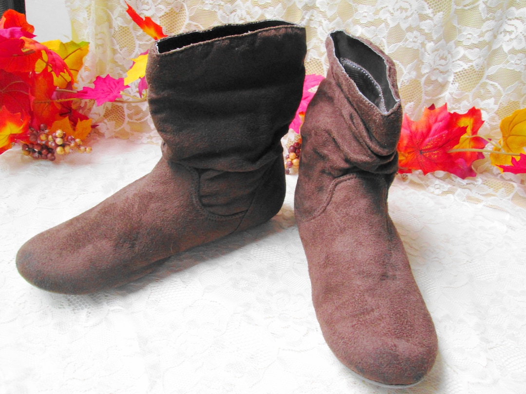 Brown Suede Leather Ankle Boots Flat Slouch Boots Soft Short Boots ...
