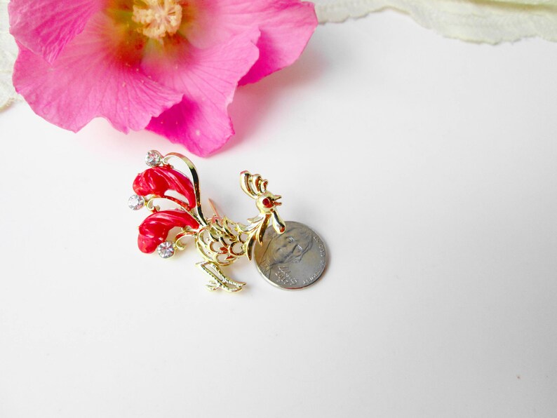 Rooster Brooch Pin Vintage 24K Gold Plated Red Crystal | Etsy