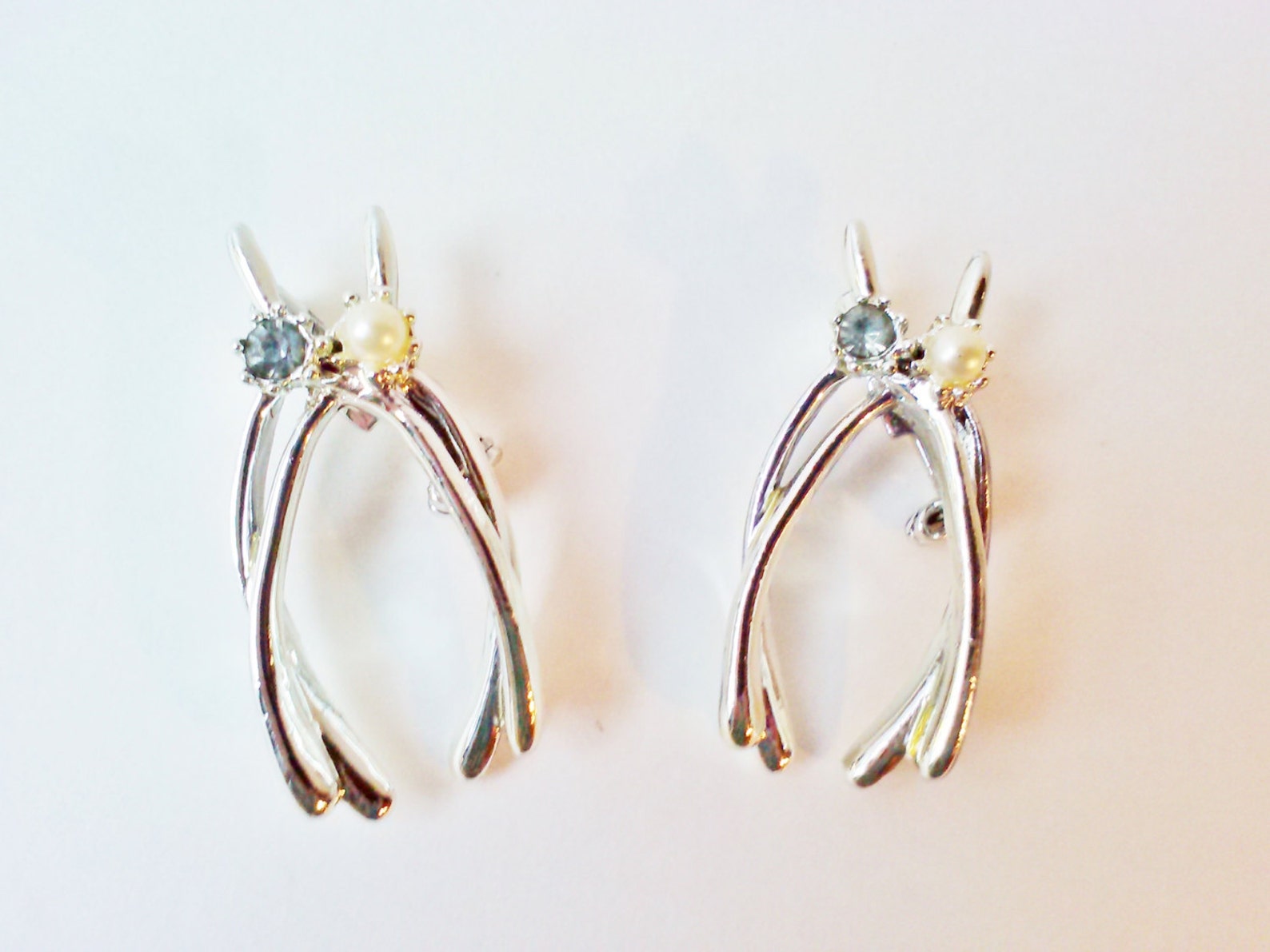 Double Wishbone Brooch Pin Crystal Rhinestone & Faux Pearl - Etsy