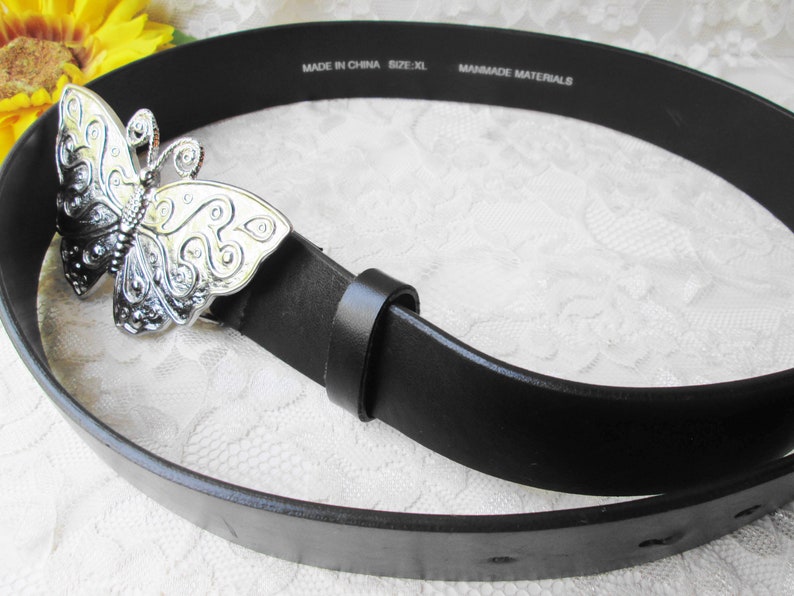 Black Leather Butterfly Belt Large Silver Metal Butterfly Buckle ...