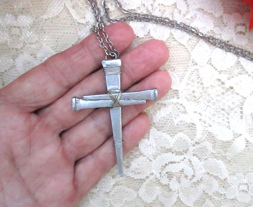 Metallic Silver Cross of Nails Necklace Coffin Nail Cross Silver ...