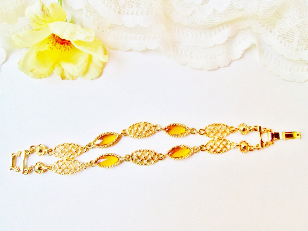 Gold Honeycomb Chain & Honey Yellow Glass Double Chain Bracelet Metal ...