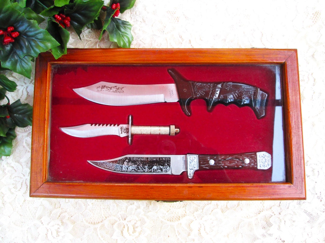 3 Knife Set in Glass Wood Display Case Stainless Steel Bowie Knife ...