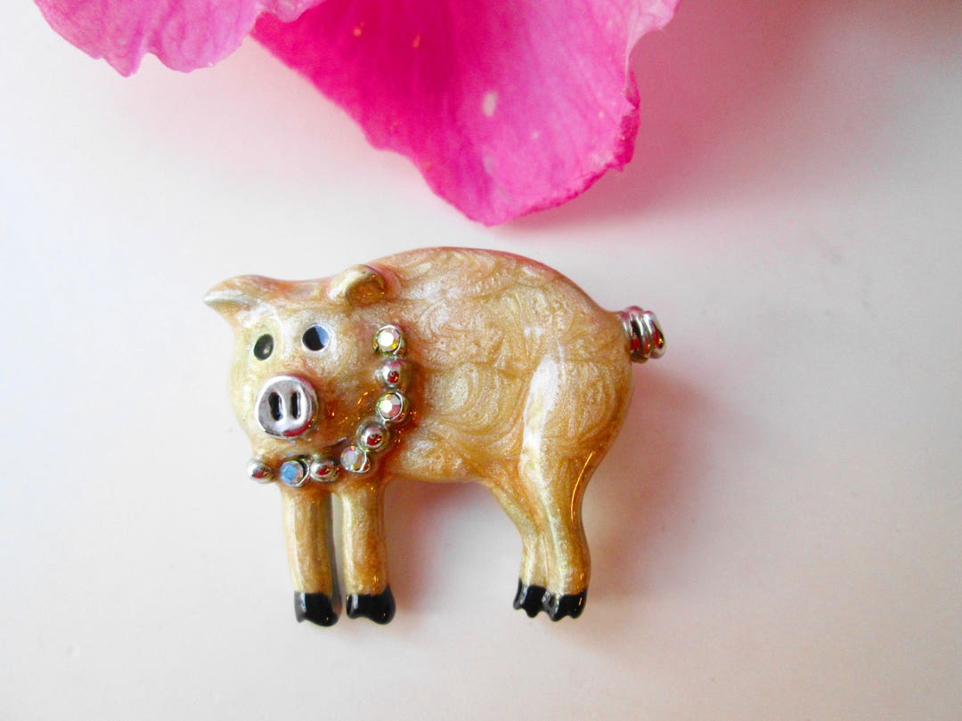 Enameled Pig Brooch Pin Swirled Beige Pearlized Enamel W AB Crystal ...