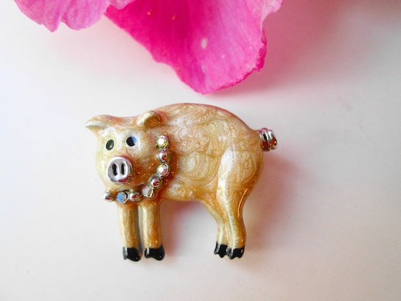 Enameled Pig Brooch Pin Swirled Beige Pearlized Enamel W AB - Etsy