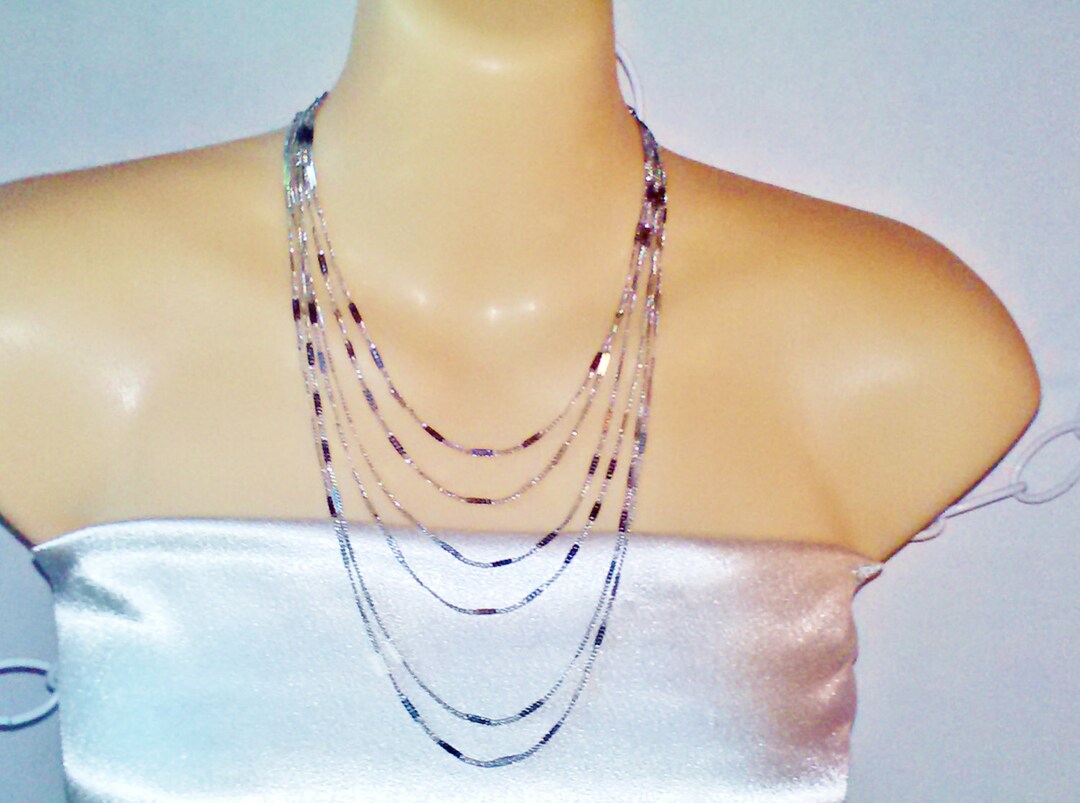 Multi Strand Silver Chains Necklace Cascade Waterfall Sparkling Dainty ...