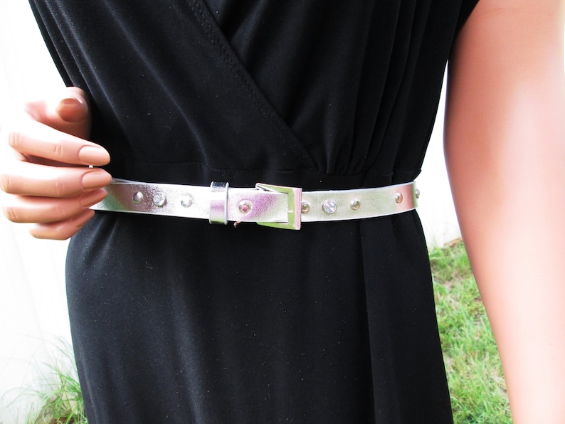 Metallic Silver Cinch Belt Skinny Leather Belt Women Girls Sparkle ...