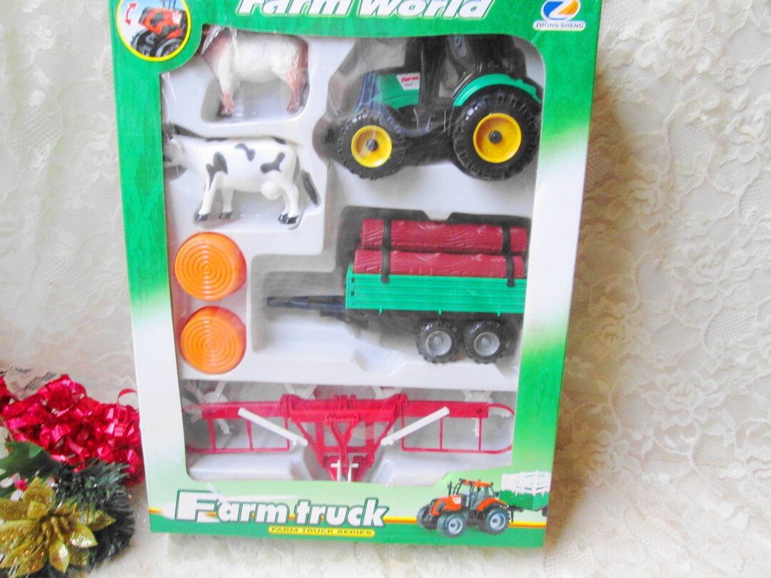 Farm Equipment & Animals Toy Set NIB Unused Tractor Trailer Hay Baler ...