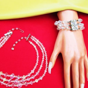 Austrian AB Crystal Necklace Bracelet Set Vintage Multi Strand Aurora ...