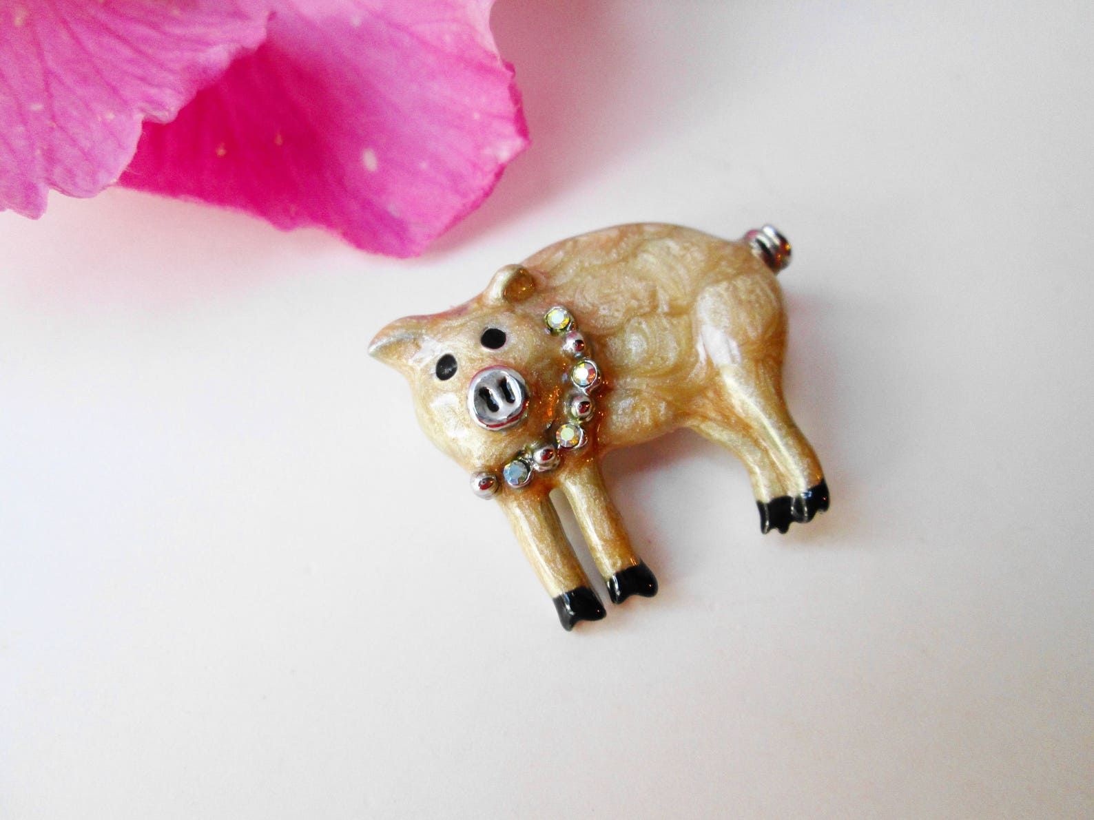 Enameled Pig Brooch Pin Swirled Beige Pearlized Enamel W AB Crystal ...