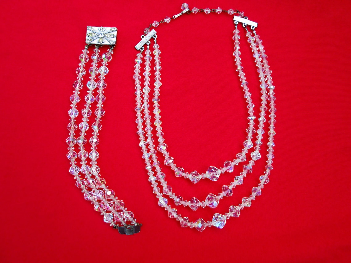 Austrian AB Crystal Necklace Bracelet Set Vintage Multi Strand - Etsy