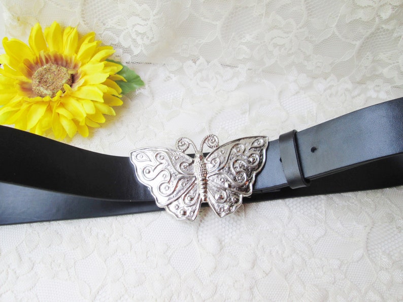 Black Leather Butterfly Belt Large Silver Metal Butterfly Buckle ...