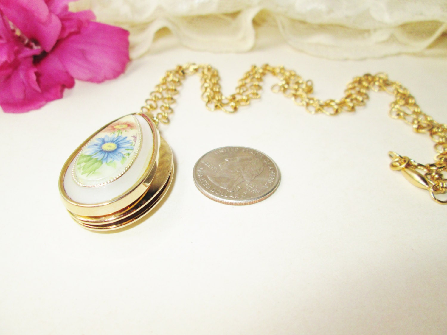 Gold Teardrop Locket Necklace Vintage Large Locket Pendant Flowers Long ...