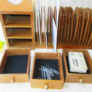 Wood Desk Organizer Expandable Letter Holder W Clock & Drawers Vintage ...
