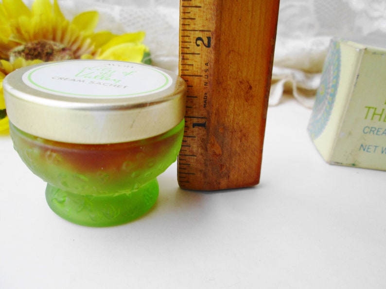 Avon Lilly of the Valley Sachet Green Glass Floral Embossed Jar With ...