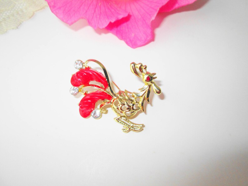 Rooster Brooch Pin Vintage 24K Gold Plated Red Crystal | Etsy