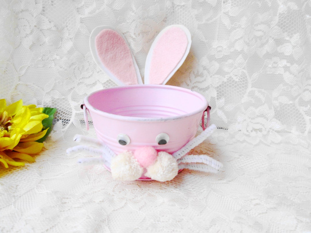 Pink Easter Bunny Metal Candy Bucket Pail Handmade Easter Pail Metal ...