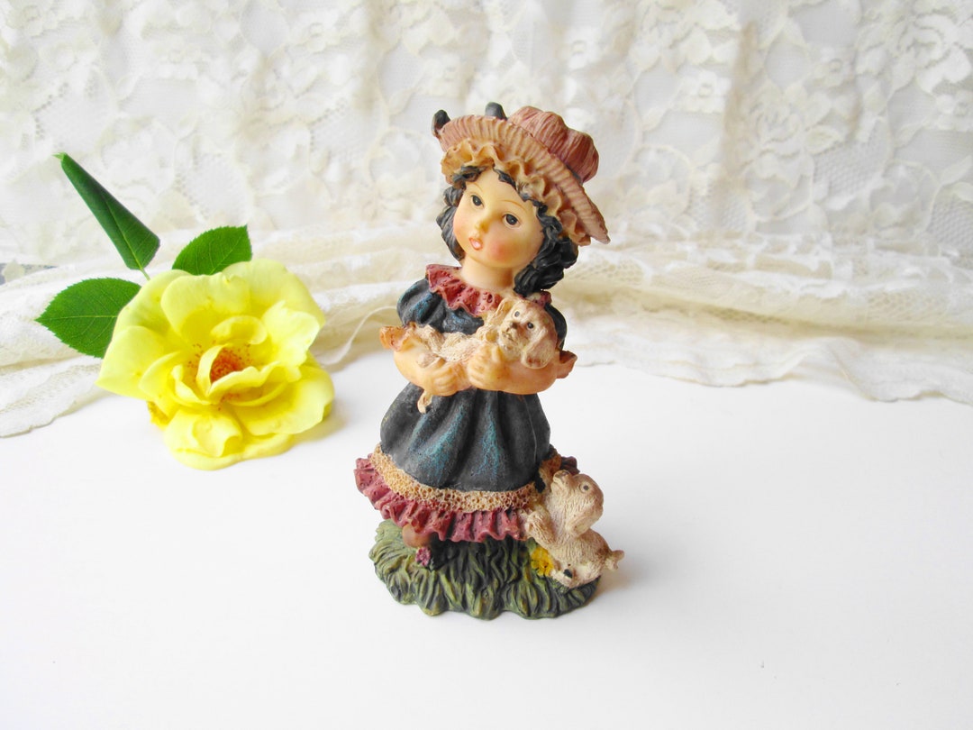 Peasant Girl With Puppy Dogs Pets Vintage Resin Figurine Colorful Home ...
