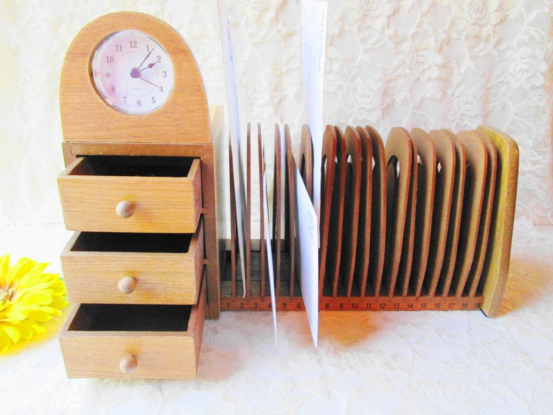Wood Desk Organizer Expandable Letter Holder w Clock & Drawers | Etsy