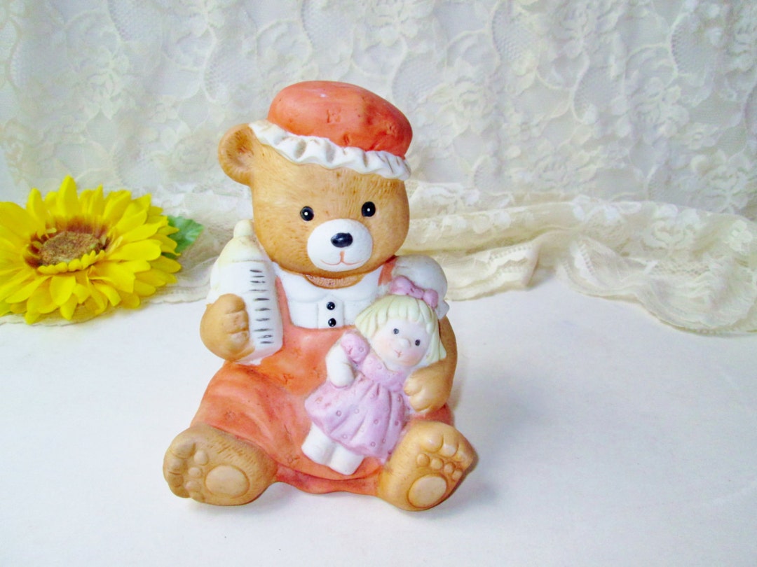 Baby Girl Bear Figurine Nanny Bear Feeding Doll W Baby Bottle Woodland ...