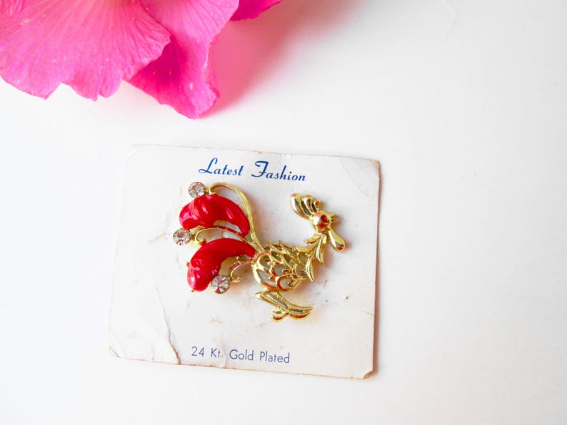 Rooster Brooch Pin Vintage 24K Gold Plated Red Crystal | Etsy