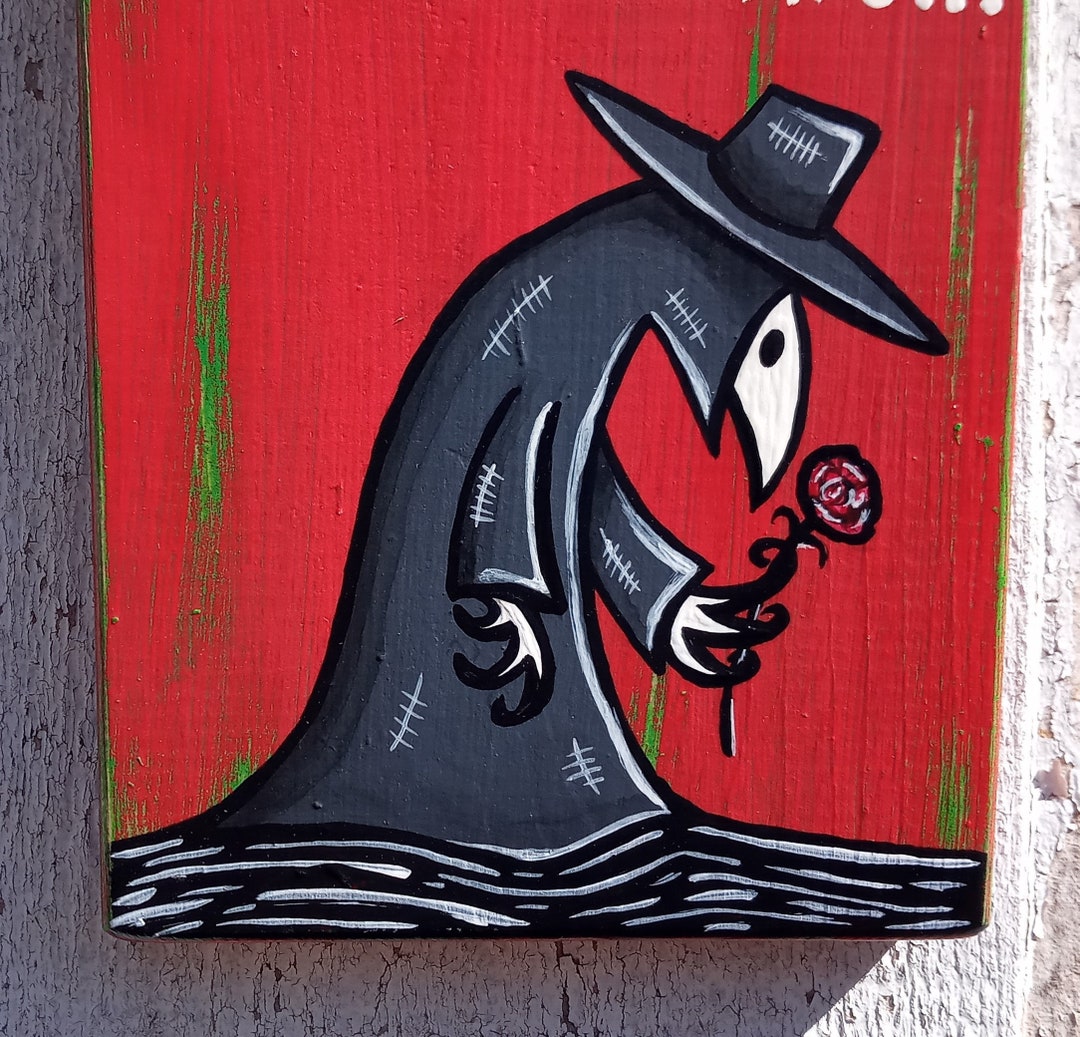 Folk Art Plague Doctor Holding Rose on Red and Green With Poem Quote by ...