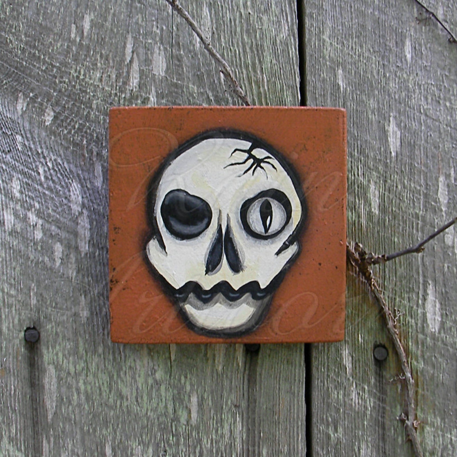 Halloween Skull Primitive Folk Art Original Painting Square Skeleton ...