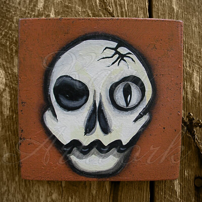 Halloween Skull Primitive Folk Art Original Painting Square Skeleton ...