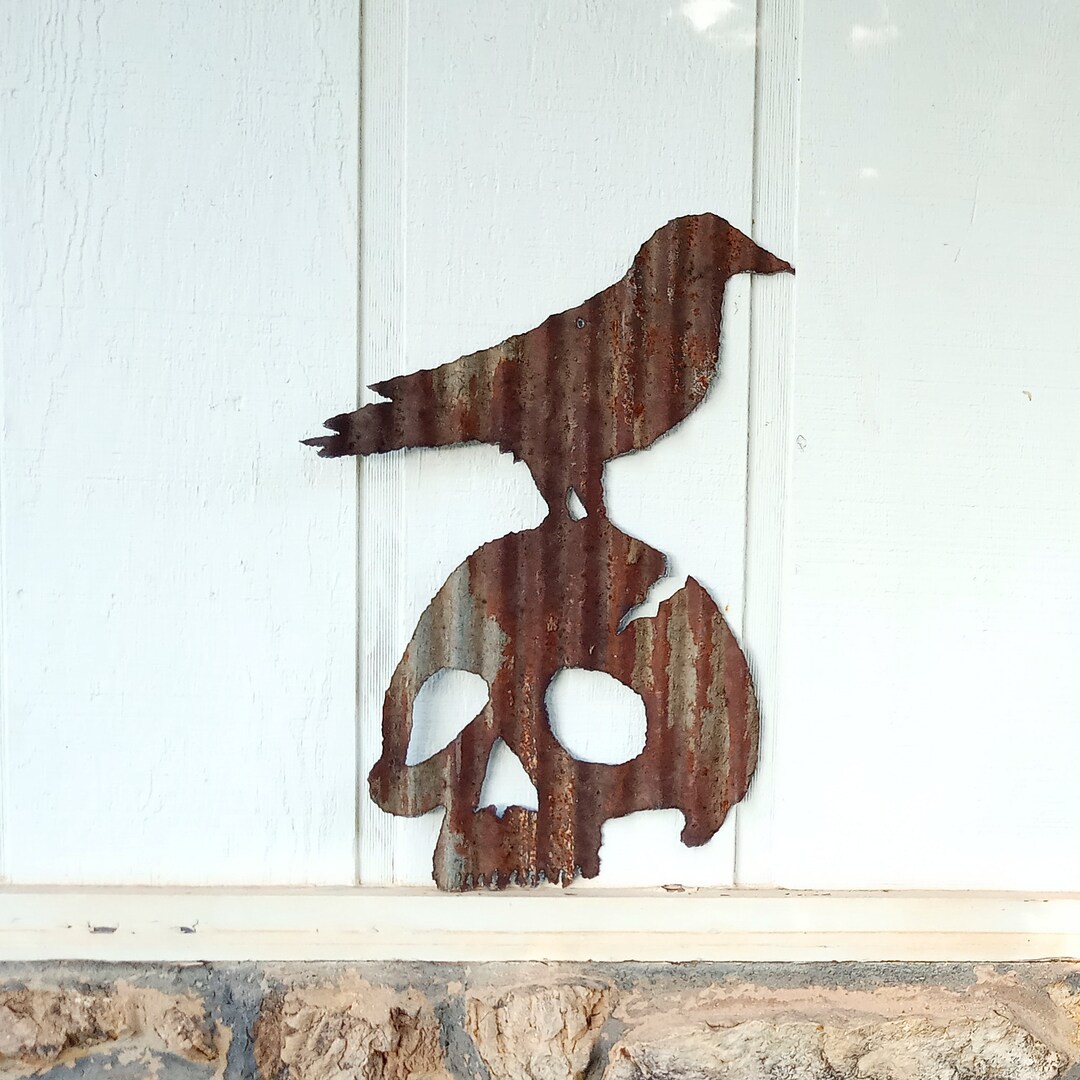 Rusty Tin Skull and Raven Halloween Decoration: Primitive Folk Art - Etsy