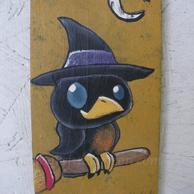 Original Primitive Halloween Wich Bird on Broom Funky Folk Art Painting ...