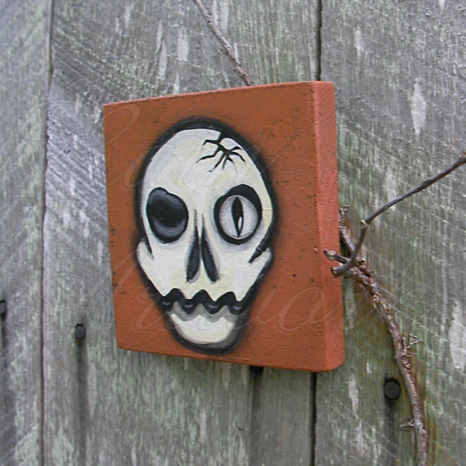 Halloween Skull Primitive Folk Art Original Painting Square Skeleton ...