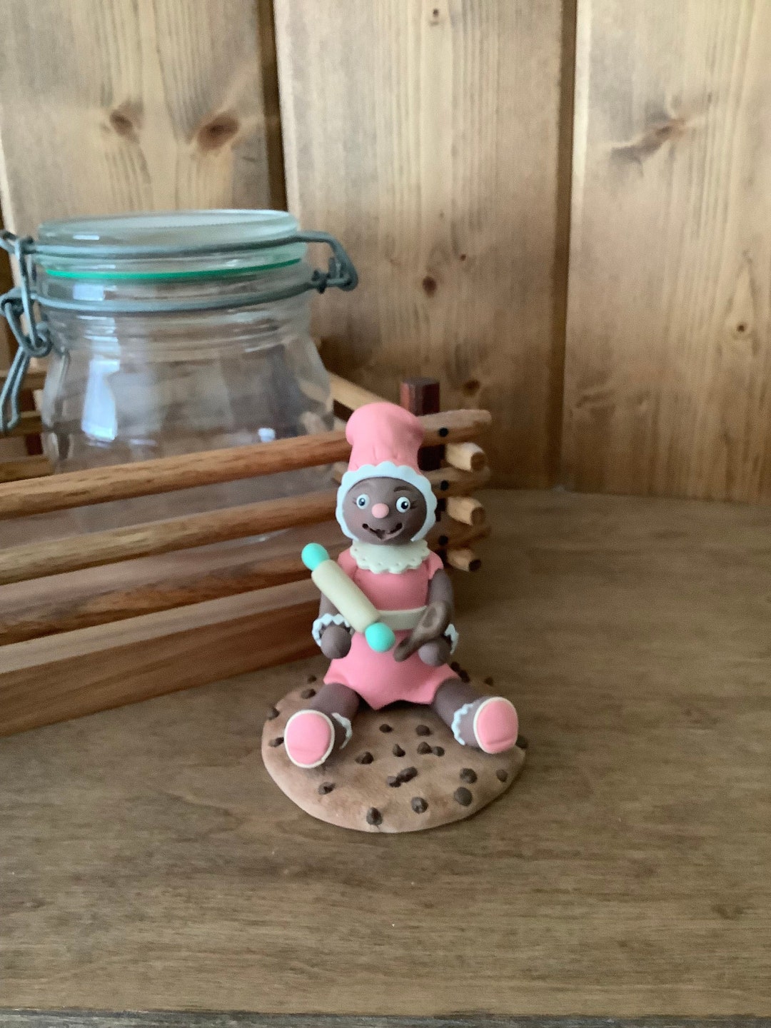 Gingy Clay Gingerbread Baker on Chocolate Chip Cookie Coral Pink ...