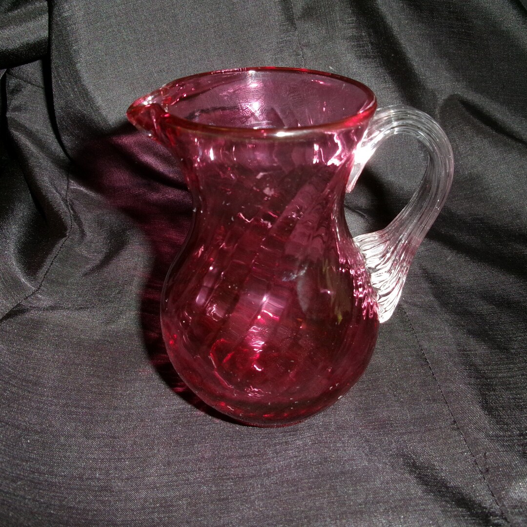 Vintage Pilgrim Glass Cranberry Mini Pitcher, Swirled Jug With Applied ...