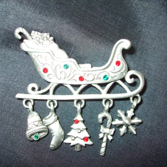 Vintage JJ Santa Sleigh Pin, Silvertone Rhinestone Jo… - Gem
