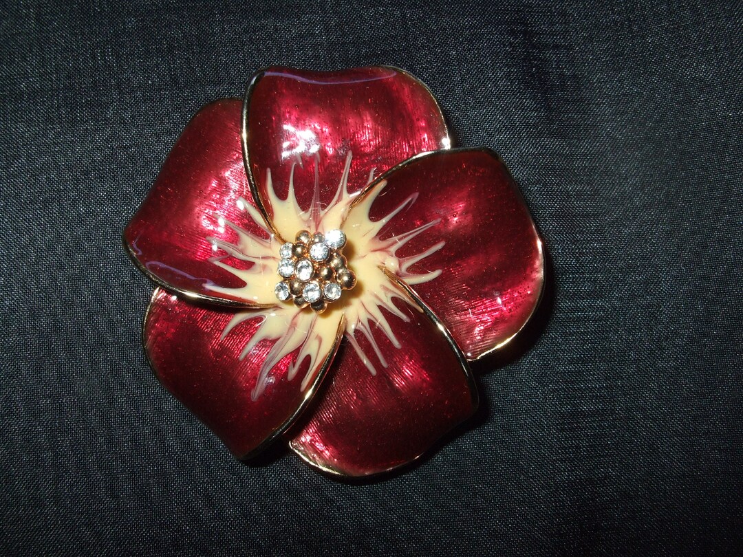Vintage Maroon Hibiscus Floral Brooch , Enamel Tropical Style Flower ...
