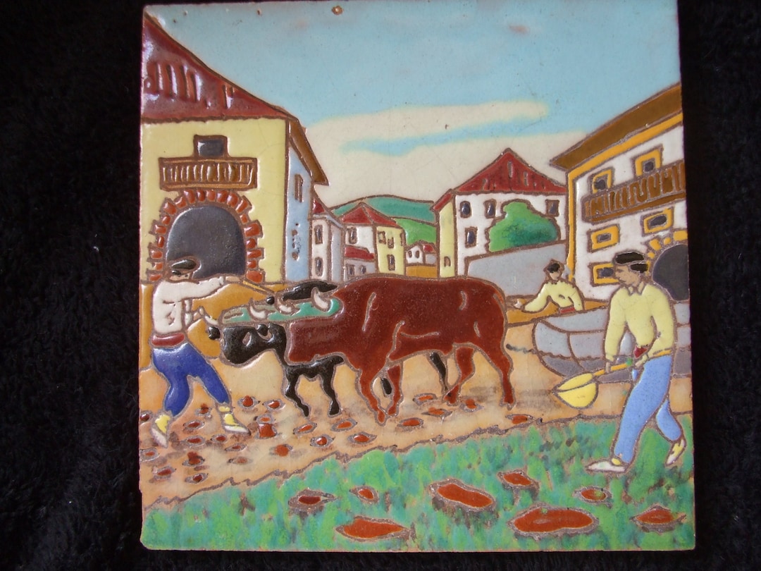 Vintage Sevilla Spain Mensaque Tile Art, Working With Bulls, Colorful ...