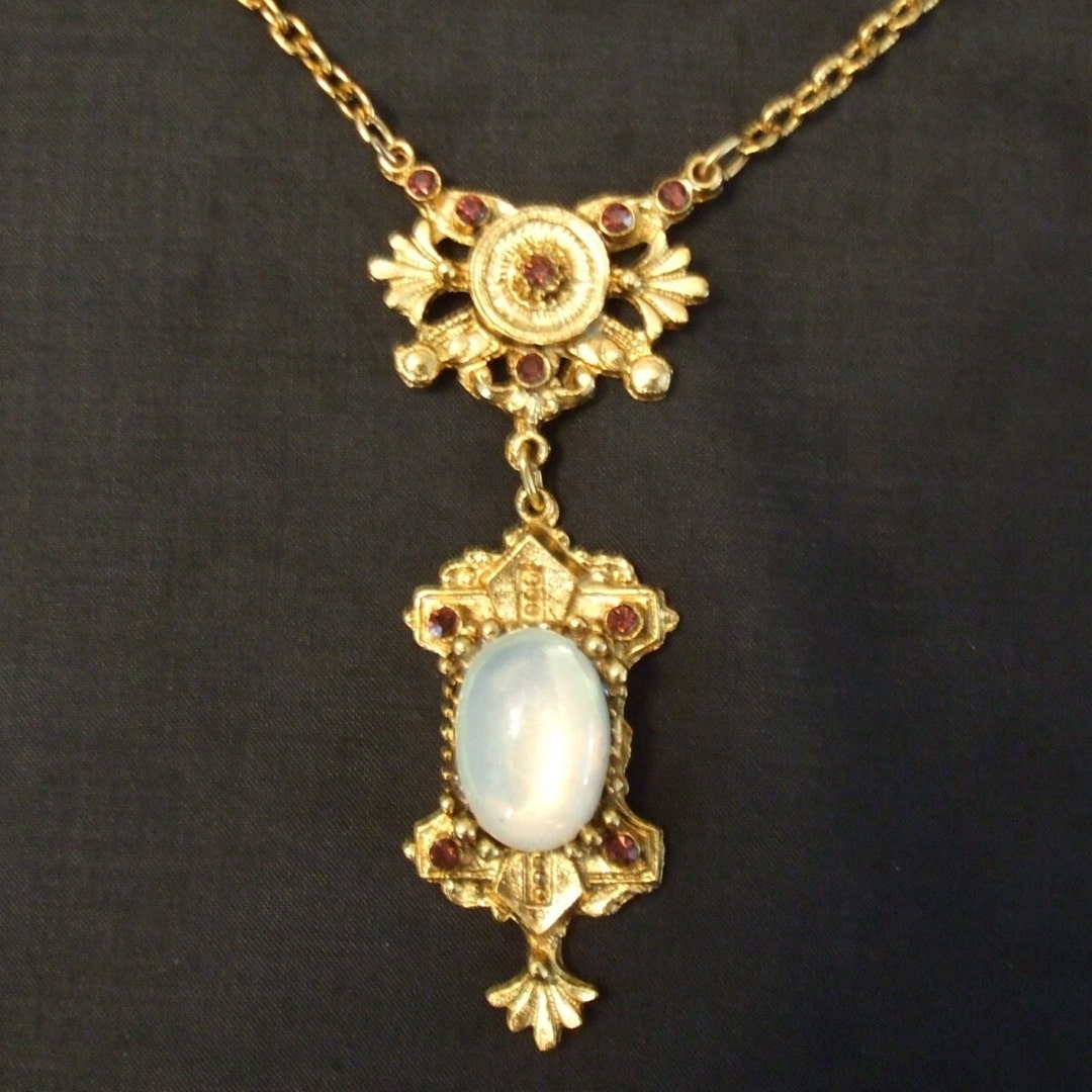 Vintage Victorian Revival Lavalier by LJM, Faux Moonstone Rhinestone ...
