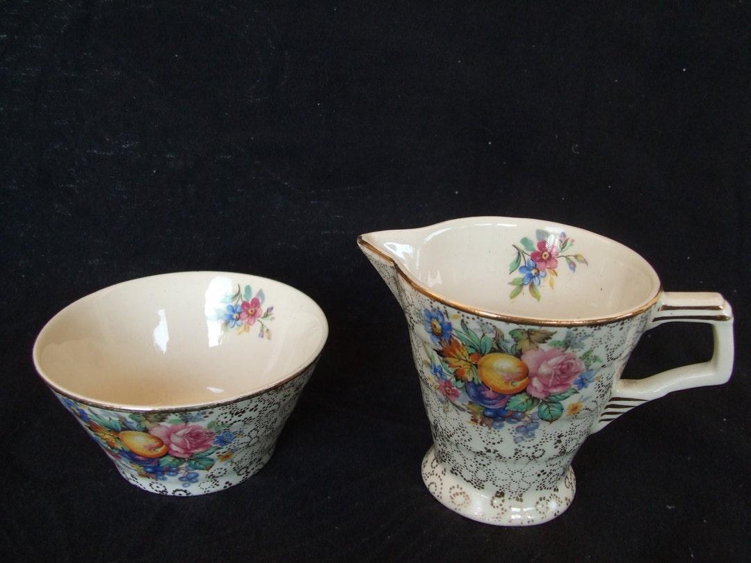 H K Tunstall English China Floral Sugar and Creamer Art Deco Shape With ...