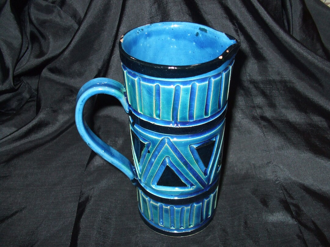 Vintage MCM Bitossi Style Pitcher, Blue Italian Mid Century Pottery ...