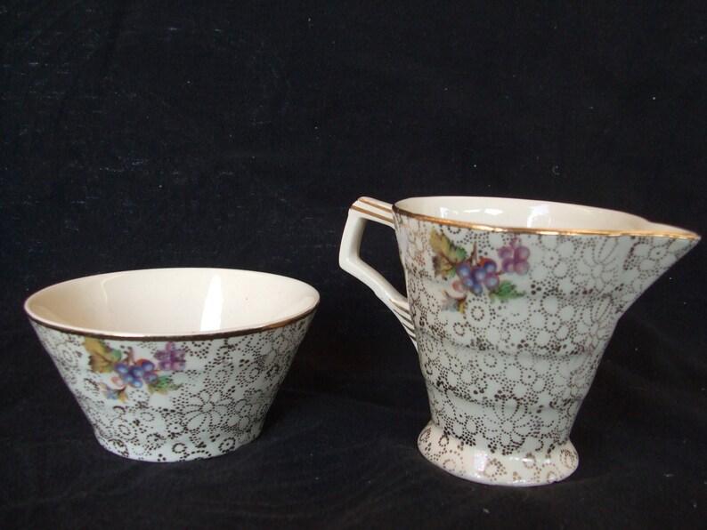 H K Tunstall English China Floral Sugar and Creamer Art Deco Shape With ...