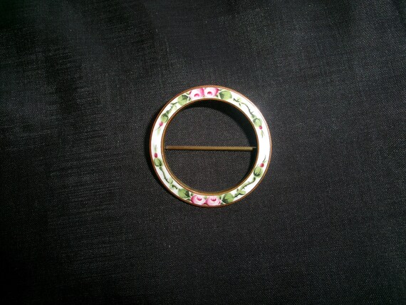 Antique Enamel Circle Brooch, Dainty Rose Vintage Pin - Gem