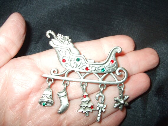 Vintage JJ Santa Sleigh Pin, Silvertone Rhinestone Jo… - Gem