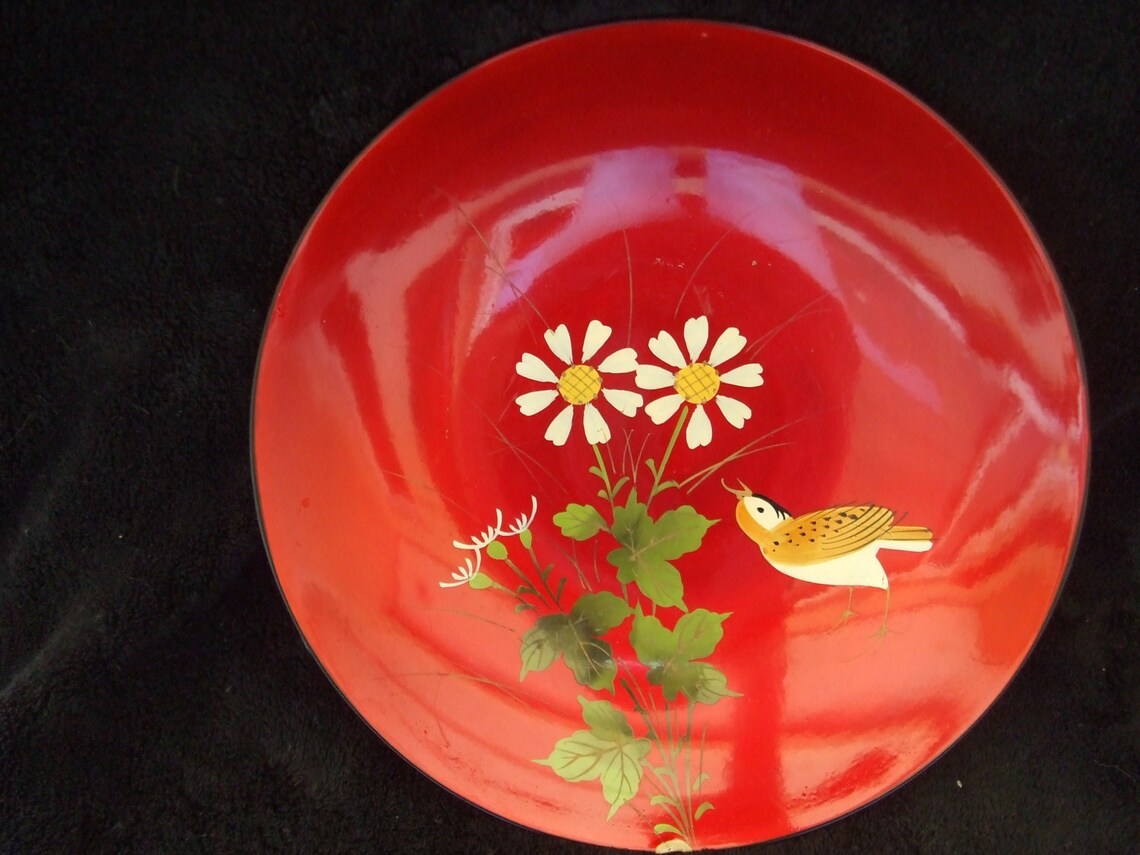 Vintage Lacquerware Dish , Red Laquer Ware , Red Bowl With Bird and ...
