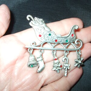 Vintage JJ Santa Sleigh Pin, Silvertone Rhinestone Jonette Christmas ...
