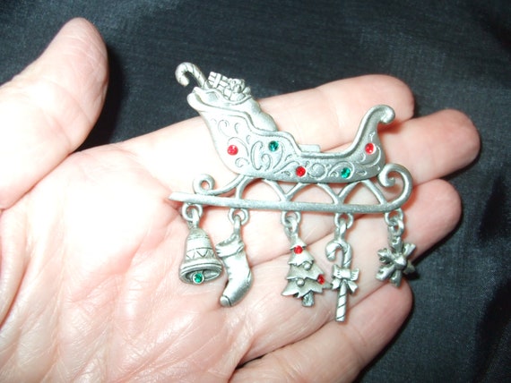 Vintage JJ Santa Sleigh Pin, Silvertone Rhinestone Jo… - Gem