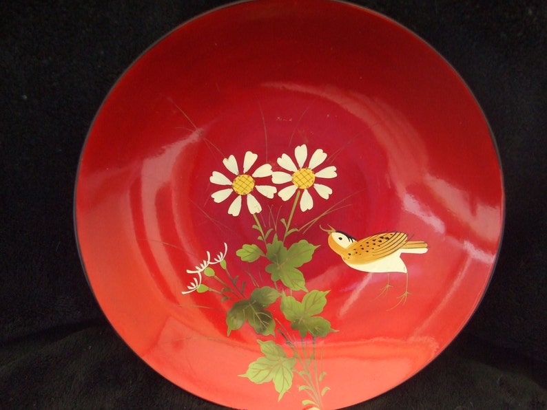 Vintage Lacquerware Dish , Red Laquer Ware , Red Bowl With Bird and ...