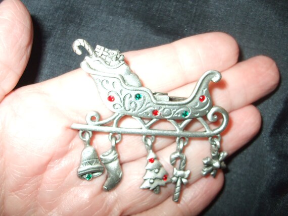Vintage JJ Santa Sleigh Pin, Silvertone Rhinestone Jo… - Gem