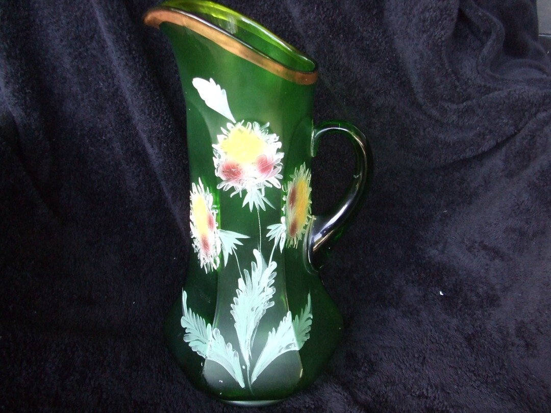 Vintage Green Glass Ewer Vase Pitcher With Hand Painted Flowers , Large ...