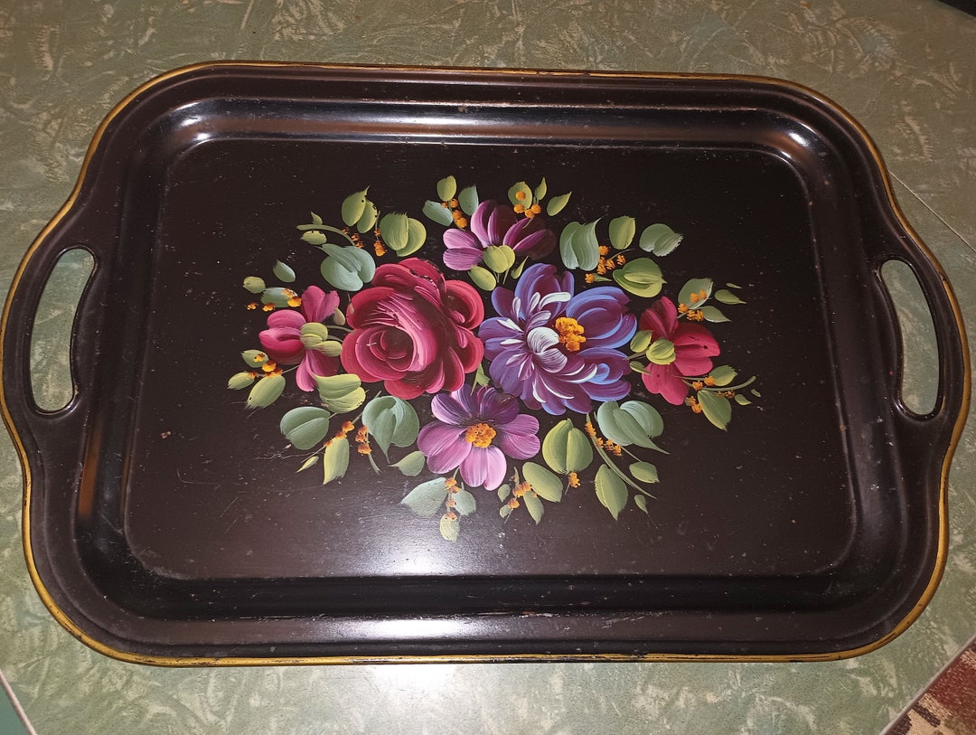 Vintage Hand Painted Floral Folk Art Tole Tray, Large Old Black Double ...