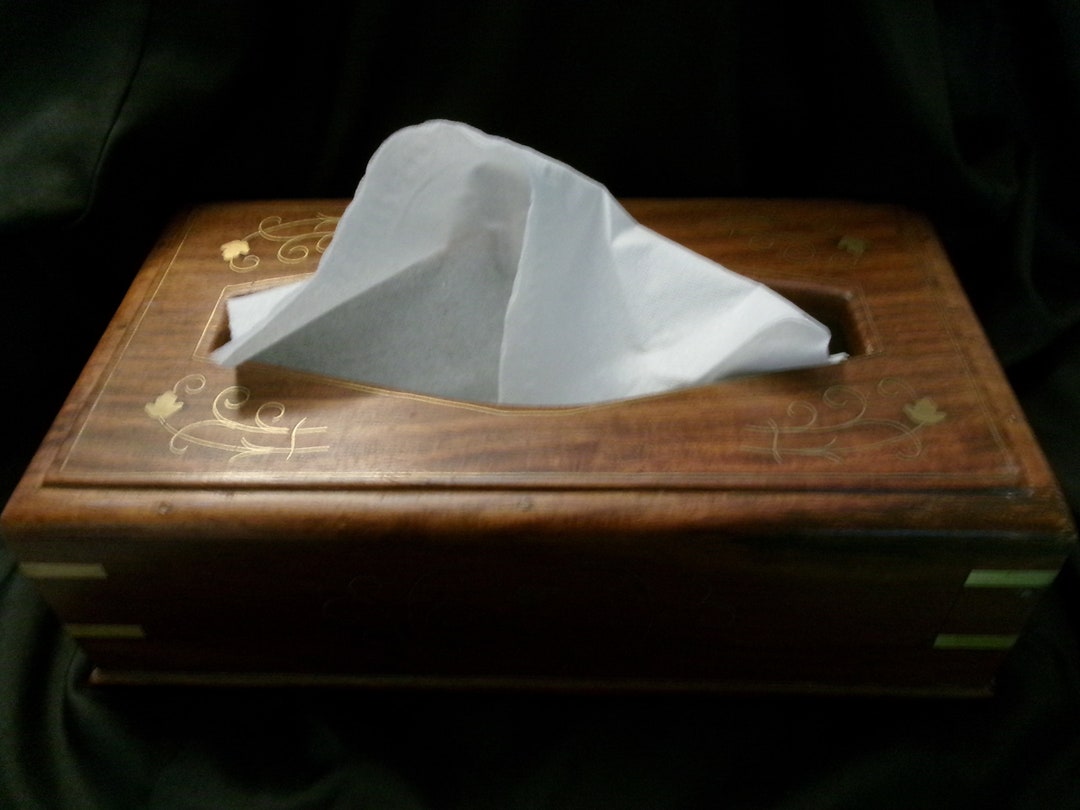 Vintage Wood With Brass Inlay Covered Tissue Box, Ornate Tissue Box ...